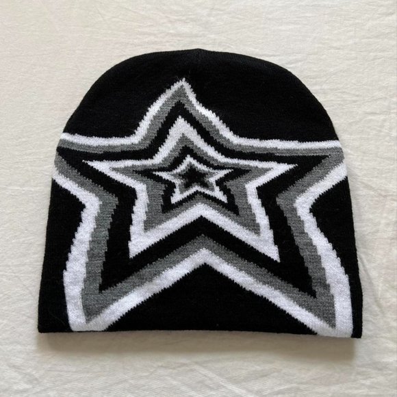 Accessories | Y2k 200s Grunge Punk Black And Grey Star Design Beanie ...